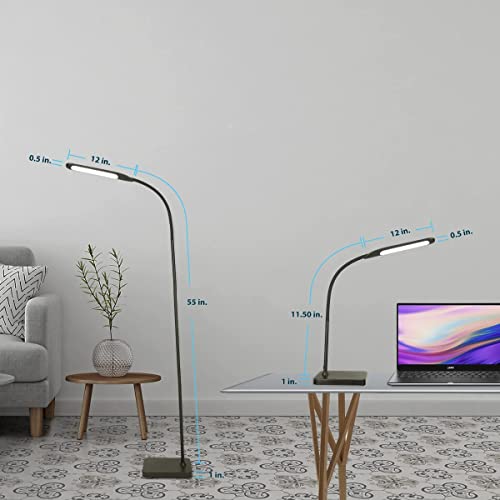 Syrinx 2 in 1 LED Floor, Desk Lamp, 5 Brightness Levels & 5 Colors Temperatures, Dimmable, Adjustable Gooseneck Pole Lamp for Living Room Office Bedroom - Black