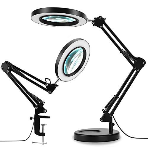 LANCOSC 2-in-1 Magnifying Glass with Light and Stand, 3 Color Modes Stepless Dimmable, 5-Diopter Real Glass Magnifying Desk Lamp & Clamp, LED Lighted Magnifier for Repair, Reading, Crafts, Close Works