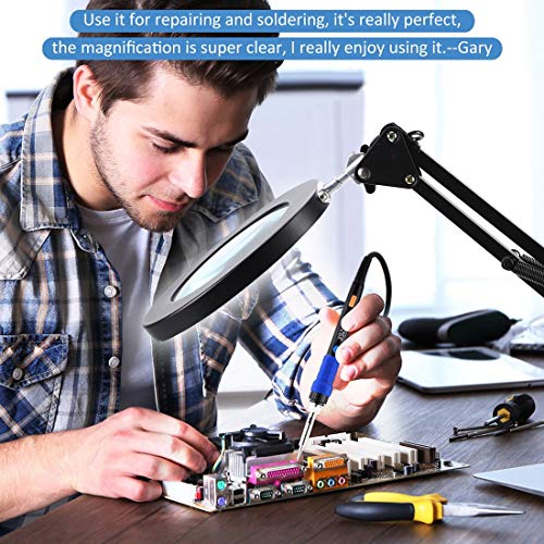 LANCOSC 2-in-1 Magnifying Glass with Light and Stand, 3 Color Modes Stepless Dimmable, 5-Diopter Real Glass Magnifying Desk Lamp & Clamp, LED Lighted Magnifier for Repair, Reading, Crafts, Close Works