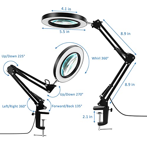 LANCOSC 2-in-1 Magnifying Glass with Light and Stand, 3 Color Modes Stepless Dimmable, 5-Diopter Real Glass Magnifying Desk Lamp & Clamp, LED Lighted Magnifier for Repair, Reading, Crafts, Close Works