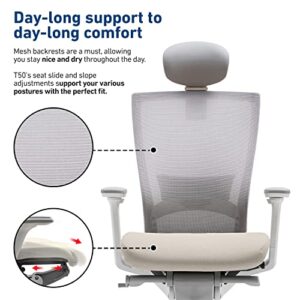 SIDIZ T50 Ergonomic Home Office Chair : High Performance, Adjustable Headrest, 2-Way Lumbar Support, 3-Way Armrest, Forward Tilt, Adjustable Seat Depth, Ventilated Mesh Back, Cushion Seat (Beige)