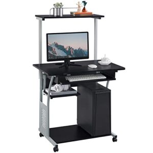 topeakmart 3 tier computer desk with printer shelf and keyboard tray, home office desk computer workstation rolling study pc laptop table for small spaces black