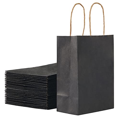 [100 Pack]Paper Bags with Handles Bulk, 8 * 5.25 * 3.75 Inch Small Black Kraft Paper Bags, Paper Shopping Bags, Christmas Kraft Gift Bags, Birthday Gift Bags for Restaurant, Takeout, Business.