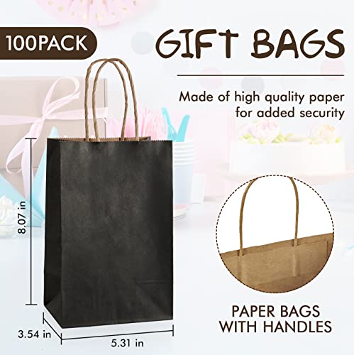 [100 Pack]Paper Bags with Handles Bulk, 8 * 5.25 * 3.75 Inch Small Black Kraft Paper Bags, Paper Shopping Bags, Christmas Kraft Gift Bags, Birthday Gift Bags for Restaurant, Takeout, Business.