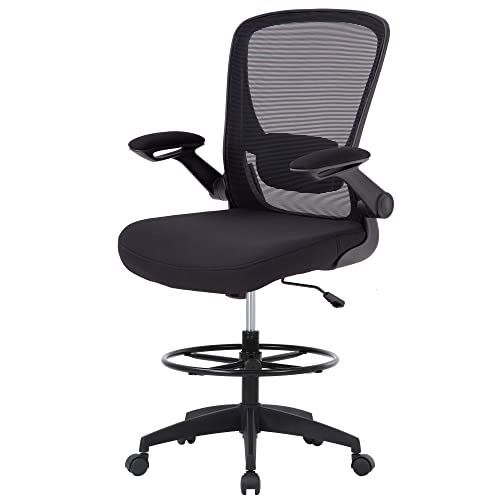 BestOffice Drafting Chair Tall Office Chair with Adjustable Foot Ring and Flip-Up Arms Computer Standing Desk Chair Executive Rolling Swivel Chair for Office & Home (Black)