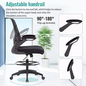 BestOffice Drafting Chair Tall Office Chair with Adjustable Foot Ring and Flip-Up Arms Computer Standing Desk Chair Executive Rolling Swivel Chair for Office & Home (Black)