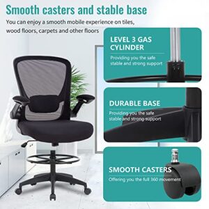 BestOffice Drafting Chair Tall Office Chair with Adjustable Foot Ring and Flip-Up Arms Computer Standing Desk Chair Executive Rolling Swivel Chair for Office & Home (Black)