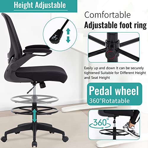 BestOffice Drafting Chair Tall Office Chair with Adjustable Foot Ring and Flip-Up Arms Computer Standing Desk Chair Executive Rolling Swivel Chair for Office & Home (Black)