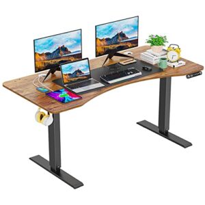 55 x 24 inch electric standing desk adjustable height, sit-stand desk with oversized mouse pad， ergonomic curved desktop, double crossbeam structure, 27”-45” lifting range stand up desk(brown)