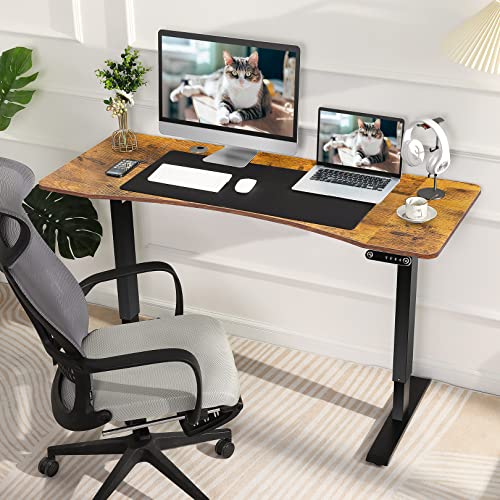 55 x 24 Inch Electric Standing Desk Adjustable Height, Sit-Stand Desk with Oversized Mouse Pad， Ergonomic Curved Desktop, Double Crossbeam Structure, 27''-45'' Lifting Range Stand up Desk(Brown)