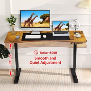 55 x 24 Inch Electric Standing Desk Adjustable Height, Sit-Stand Desk with Oversized Mouse Pad， Ergonomic Curved Desktop, Double Crossbeam Structure, 27''-45'' Lifting Range Stand up Desk(Brown)