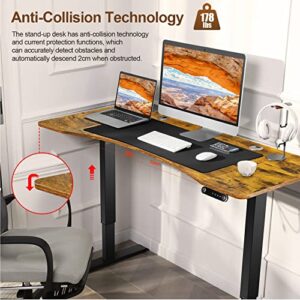 55 x 24 Inch Electric Standing Desk Adjustable Height, Sit-Stand Desk with Oversized Mouse Pad， Ergonomic Curved Desktop, Double Crossbeam Structure, 27''-45'' Lifting Range Stand up Desk(Brown)