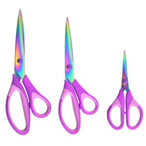 craft scissors set of 3 pack , all purpose sharp titanium blades shears rubber soft grip handle, multipurpose fabric scissors tool great for adults, office, sewing, school and home supplies, purple