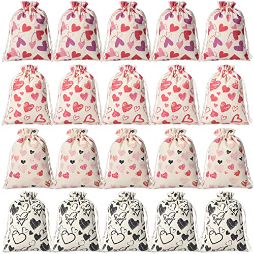 Shappy 20 Pieces Heart Canvas Bag with Drawstring Valentines Day Bag Wedding Wrapping Bags for Valentines Day Weddings Anniversary Baby Showers Bridal Party Favors