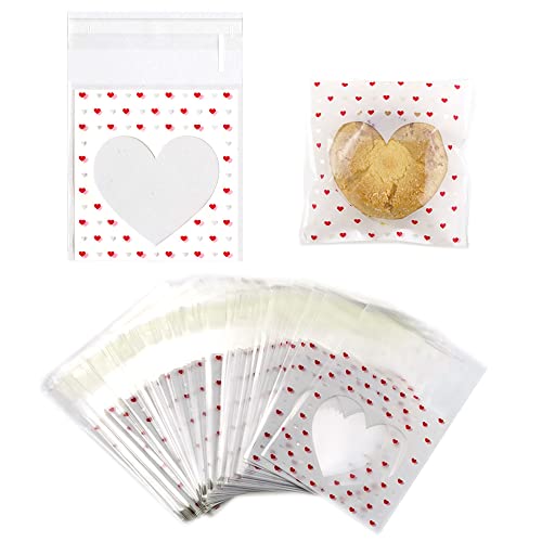 FAZHBARY 200 PCS Valentine Cellophane Bags Heart Mini Cookie Bags Self Sealing Cellophane Bags for Candy Bakery Supplies