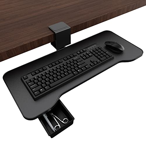 Keyboard Tray Under Desk,360 Rotating Keyboard&Mouse Tray with Drawer,Yikola Desk Extender Adjustable C-Clamp, Ergonomic Platform Tray Under Table,No Drilling Install 23.54'' x 9.8''in-Matte Black…