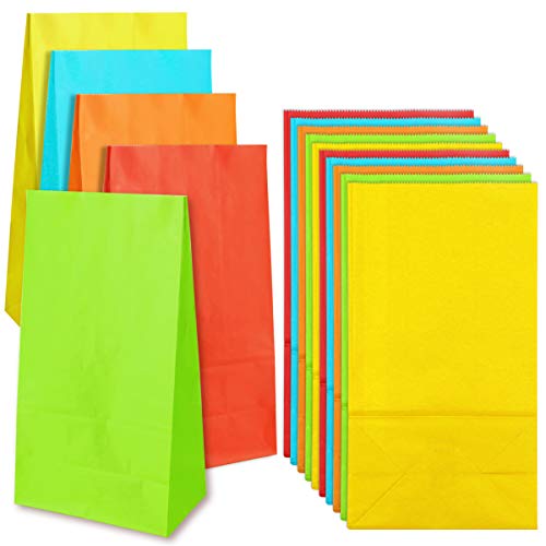 Newbested 50 Pack Small Rainbow Bright Color Kraft Paper Bags,Flat Bottom Grocery Wrapped Treat Goody Bags for Craft,Birthdays,Baby Showers,Wedding,Party Favor(5 Colors,5.1" x 3.1" x 9.4")