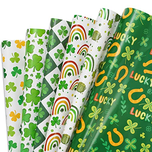 AnyDesign 12 Sheet St. Patrick's Day Wrapping Paper 6 Design Green Lucky Shamrock Rainbow Print Wrapping Paper Decorative Art Paper for Holiday Party Celebration, 19.7 x 27.6 Inch, Folded Flat