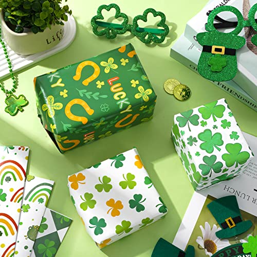 AnyDesign 12 Sheet St. Patrick's Day Wrapping Paper 6 Design Green Lucky Shamrock Rainbow Print Wrapping Paper Decorative Art Paper for Holiday Party Celebration, 19.7 x 27.6 Inch, Folded Flat