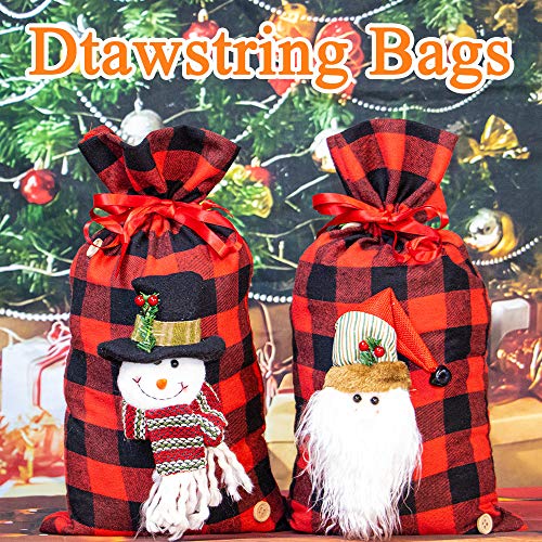 Jolik Santa Sacks Drawstring Bags, Buffalo Plaid 3D Design Christmas Bags for Christmas Party Supplies, 18 x 10 inch