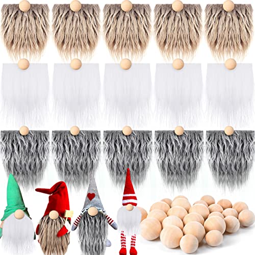 15 Pcs Gnome Beards for Crafting Easter Day Faux Fur Fabric Precut Gnomes Beards Handmade 30 Pieces Wood Balls for Halloween Christmas Valentine's Day Independence Day (Gray, Camel, White)