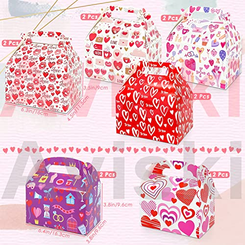 Aviski 12Pcs Valentine's Day Treat Boxes Small Goodie Present Boxes Recycled Party Favor Boxes Heart Printed Cardboard Box for Candy, Cookies and Party Favors, 6 Patterns