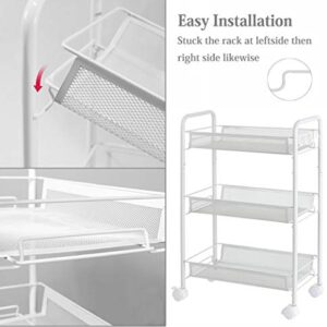 Rolling Storage Cart 3-Tier Metal Mesh Basket Shelves Kitchen Organizer with Wheels(White)