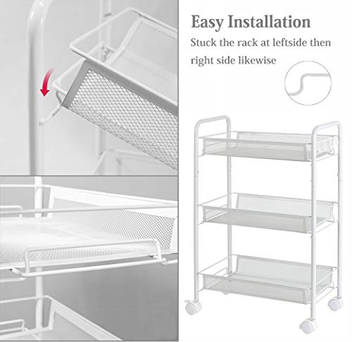 Rolling Storage Cart 3-Tier Metal Mesh Basket Shelves Kitchen Organizer with Wheels(White)