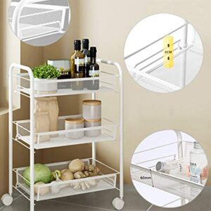 Rolling Storage Cart 3-Tier Metal Mesh Basket Shelves Kitchen Organizer with Wheels(White)