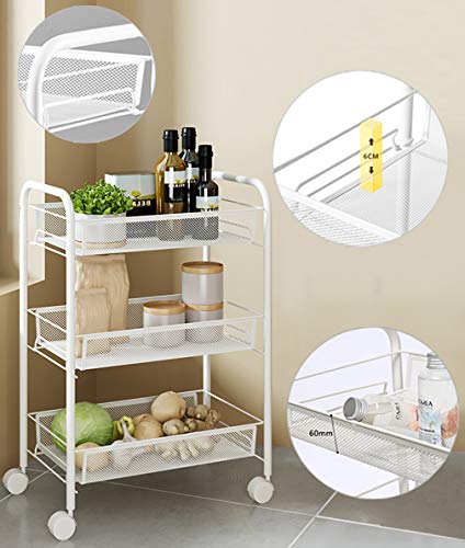 Rolling Storage Cart 3-Tier Metal Mesh Basket Shelves Kitchen Organizer with Wheels(White)