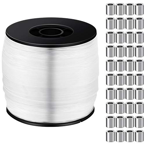 Strong Clear Invisible Hanging Wire Fishing Wire 0.8 mm up to 100 Lbs 656 Feet Fishing Line with 100 Pieces Aluminum Crimping Loop Sleeves Clear String Hanging Kit for Picture Frame Hanging Decoration