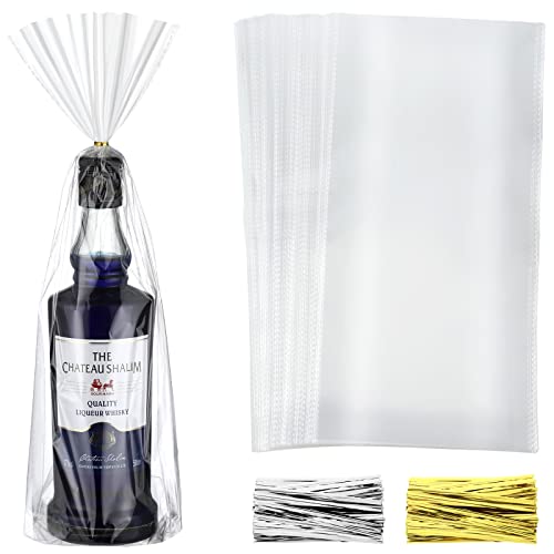 Gersoniel 8 x 16 Inch Many Cellophane Bags Clear Plastic Gift Wine Bag Wrap with 200 Pieces Gold Silver Twists for Wrapping Gifts Present Candy Holiday Party Favors (1 Set)