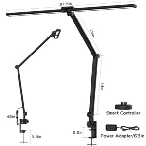 Torchlet Desk Lamps for Home Office, 24W Architect Desk Lamp with Clamp, 31.5" Wide Adjustable LED Desk Light, Stepless Dimming Modern Desk Lamp, Double Head Office Lamp for Workbench Drafting, Task