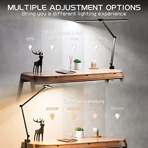 Torchlet Desk Lamps for Home Office, 24W Architect Desk Lamp with Clamp, 31.5" Wide Adjustable LED Desk Light, Stepless Dimming Modern Desk Lamp, Double Head Office Lamp for Workbench Drafting, Task