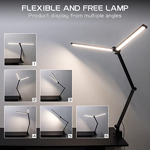 Torchlet Desk Lamps for Home Office, 24W Architect Desk Lamp with Clamp, 31.5" Wide Adjustable LED Desk Light, Stepless Dimming Modern Desk Lamp, Double Head Office Lamp for Workbench Drafting, Task