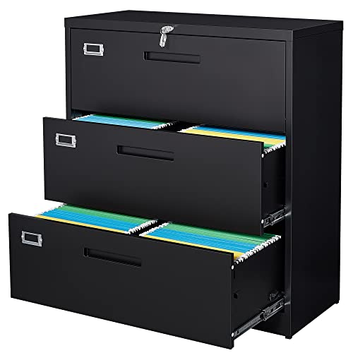 Letaya Metal Lateral File Cabinets with Lock, 3 Drawer Steel Wide Filing Organization Storage Cabinets,Home Office Furniture for Hanging Files Letter/Legal/F4/A4 Size (Blcak-3 Drawer)