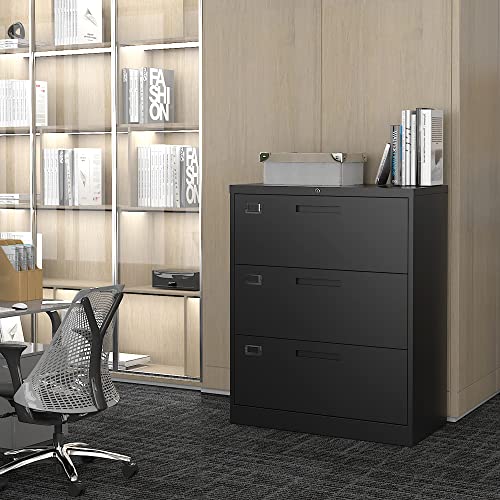 Letaya Metal Lateral File Cabinets with Lock, 3 Drawer Steel Wide Filing Organization Storage Cabinets,Home Office Furniture for Hanging Files Letter/Legal/F4/A4 Size (Blcak-3 Drawer)