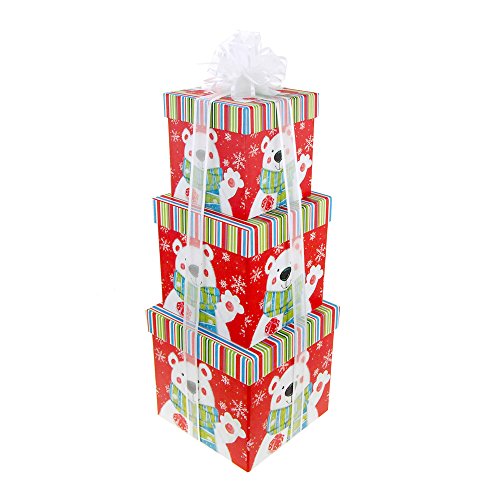 Homeford Holiday Polar Bear Square Nested Christmas Gift Boxes, 5, 6, 7-Inch, 3-Piece