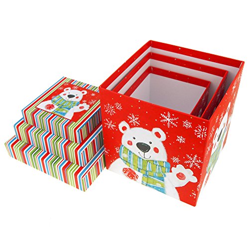 Homeford Holiday Polar Bear Square Nested Christmas Gift Boxes, 5, 6, 7-Inch, 3-Piece