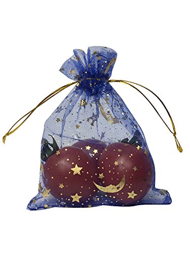 SUNGULF 100Pcs Sheer Organza Drawstring Pouches Stars and Moon Wedding Party Favor Jewelry Candy Gift Bags (3x4 inch, Blue)