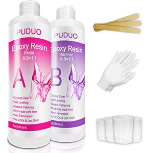 epoxy resin crystal clear kit for art, jewelry, crafts, coating- 16 oz including 8oz resin and 8oz hardener | bonus 4 pcs measuring cups, 3pcs sticks, 1 pair rubber gloves by puduo