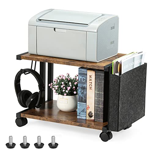 melos Printer Cart, 2-Tier Printer Stand with Storage, Mobile Printer Stand Shelf with Wheels, Under Desk Printer Stand for Fax Machine, Copier, Scanner, Printer, Scanner