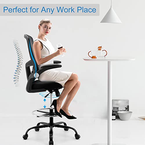 Mesh Ergonomic Drafting Chair,Tall Adjustable Office Chair,Standing Desk Chair,Counter Height Office Chairs,Drawing Chair with Adjustable Foot Ring and PU Arms (Black)