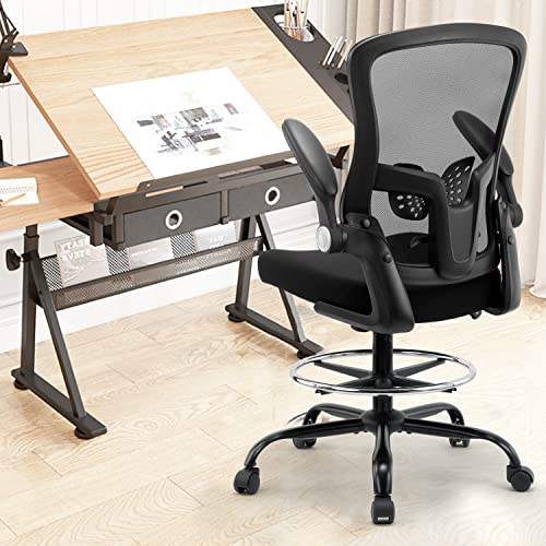 Mesh Ergonomic Drafting Chair,Tall Adjustable Office Chair,Standing Desk Chair,Counter Height Office Chairs,Drawing Chair with Adjustable Foot Ring and PU Arms (Black)