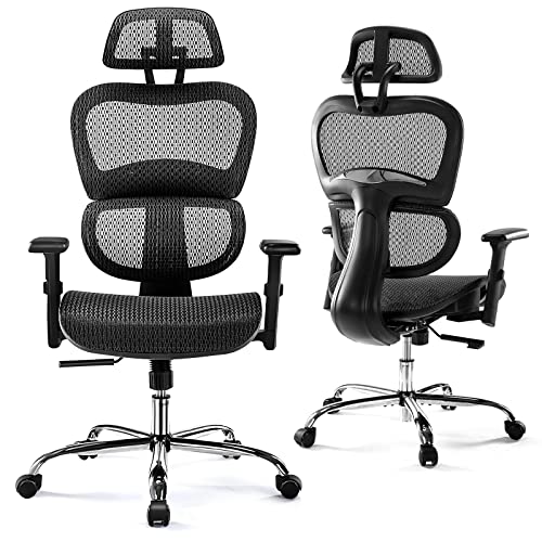 Ergonomic High Back Office Chair - High Office Chair with Headrest, Lumbar Support, Movable Armrests, Swivel Mesh Office Chair with 300 lbs Weight Capacity Adjustable Height for Home Office, Executive