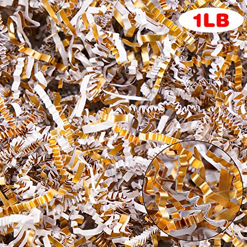 Kolewo4ever 1LB Crinkle Cut Paper Shred Filler Gold White Paper Shreds Filler Raffia Paper Shreds Strands Grass Stuffer Shredded Crinkle Confetti for Packing Filler Gift Wrap Basket Filler