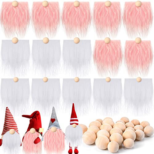 15 Pcs Gnome Beards for Crafting Easter Day Faux Fur Fabric Precut Gnomes Beards Handmade 30 Pieces Wood Balls for Halloween Christmas Valentine's Day Independence Day (Pink, White)