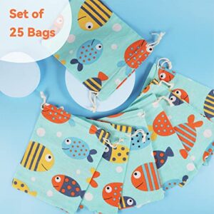 Niceup 25pcs Tropical Fish Cruise Small Drawstring Fabric Party Favors Bags 6X8” for Kids Fishing Under Sea Ocean Animals Creatures Summer Beach Theme Party, Cotton Burlap Gift Pouches Bag Packaging