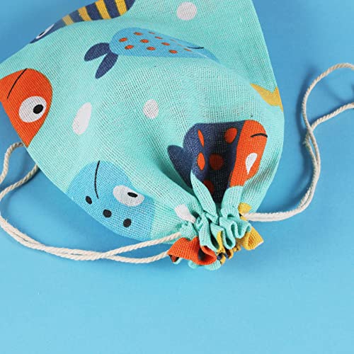 Niceup 25pcs Tropical Fish Cruise Small Drawstring Fabric Party Favors Bags 6X8” for Kids Fishing Under Sea Ocean Animals Creatures Summer Beach Theme Party, Cotton Burlap Gift Pouches Bag Packaging