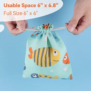 Niceup 25pcs Tropical Fish Cruise Small Drawstring Fabric Party Favors Bags 6X8” for Kids Fishing Under Sea Ocean Animals Creatures Summer Beach Theme Party, Cotton Burlap Gift Pouches Bag Packaging